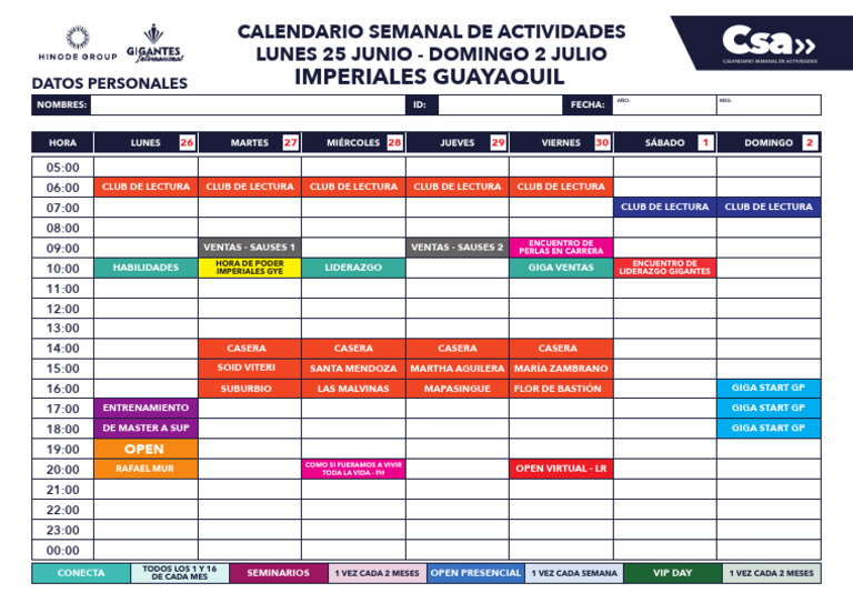 Calendario Semanal de Actividades 26 - 2 | PDF