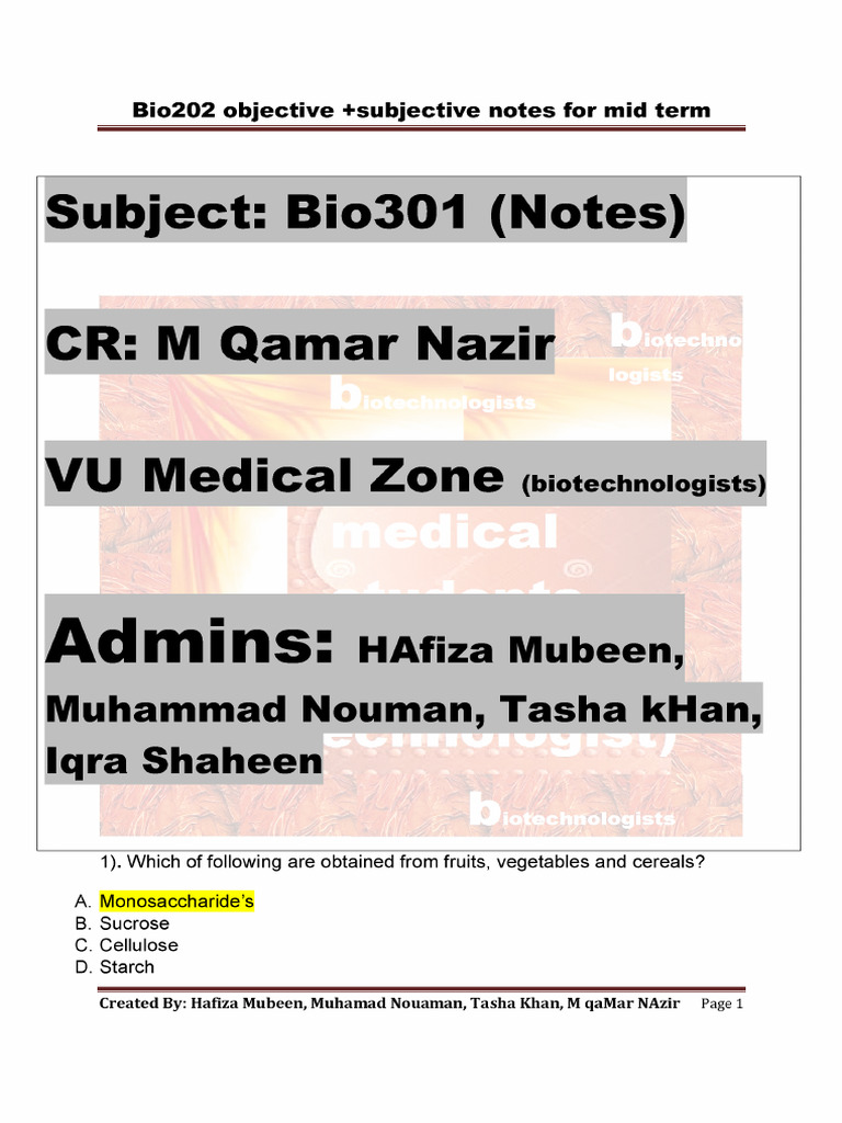 Bio202 Objective+Subjective Notes for Mid Term | PDF