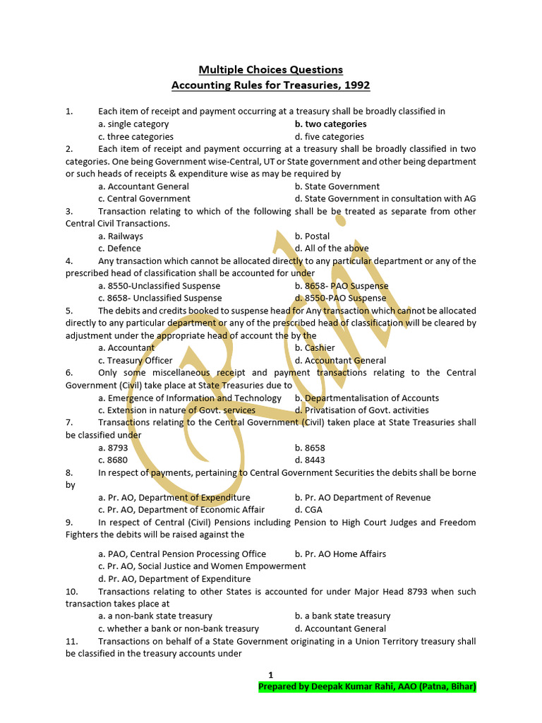 UN MCQ - PC 21 - Accounting Rules For Treasuries 1992 | PDF | Banks ...