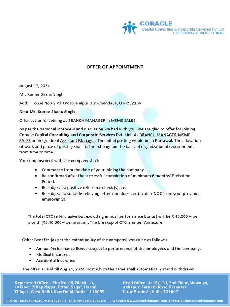 CORACLE OFFER LETTERR (KUMAR SHANU SINGH) | PDF