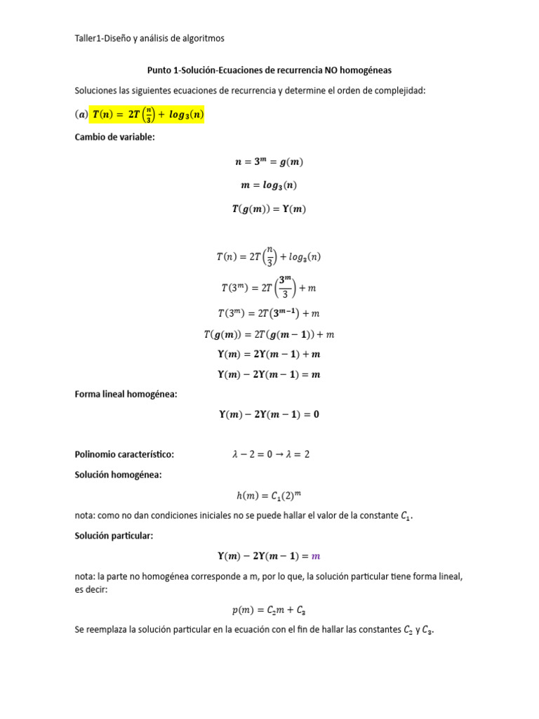 Taller1 Solucion Ecuaciones de Recurrencia NO Homogeneas | PDF | Relación de recurrencia ...