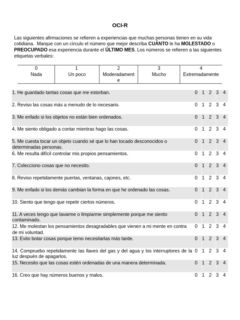 OCI-R Español Obsessive Compulsive Inventory | PDF | Sicología