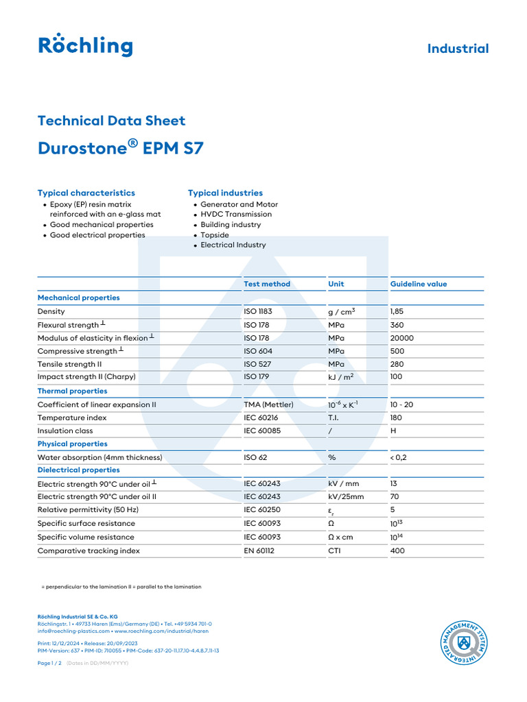 Technical Data Sheet Durostone® EPM S7 710055 EN | PDF | Young's ...