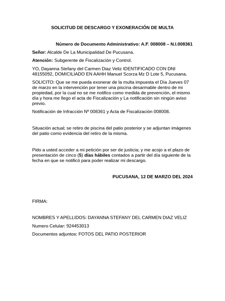 SOLICITUD DE DESCARGO Y EXONERACIÓN DE MULTA | PDF