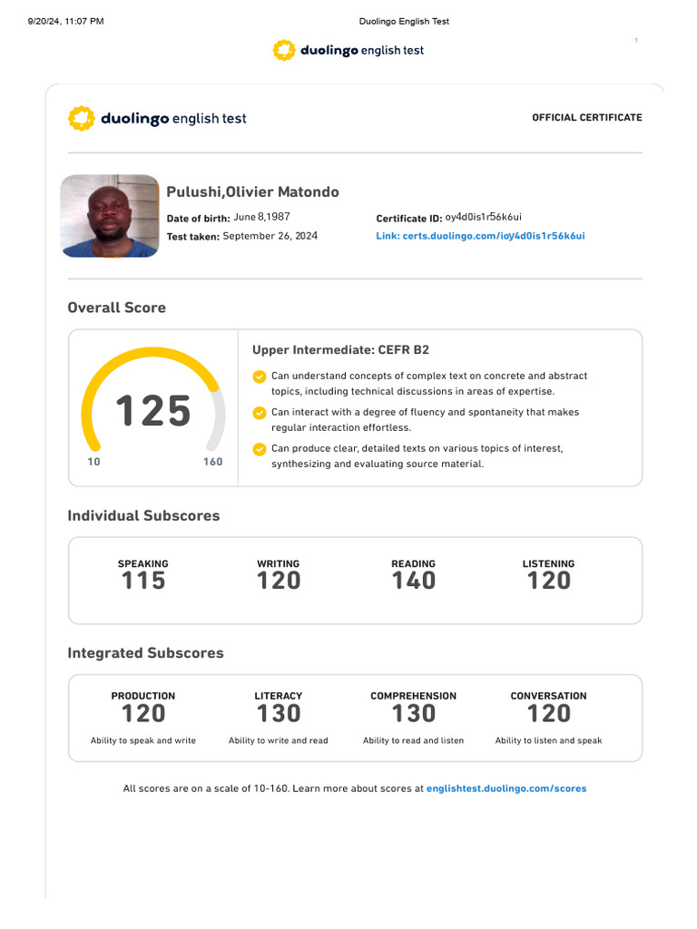 Duolingo English Test Certificate Details | PDF