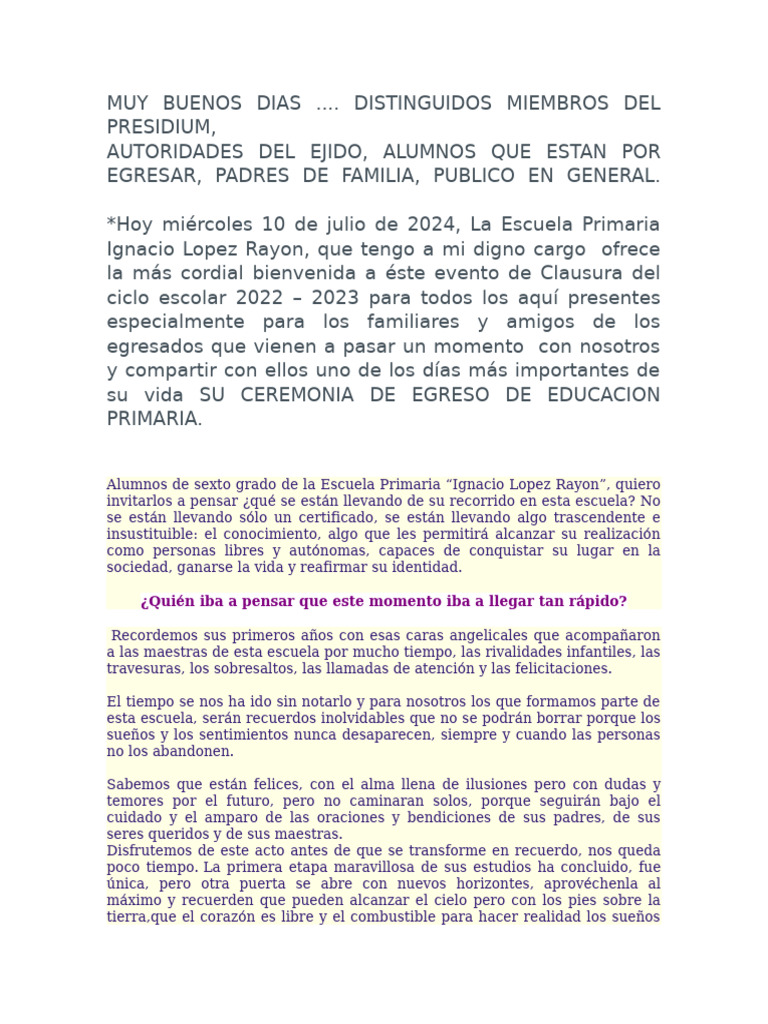 Ofrecimiento Del Programa Clausura | PDF | Escuelas