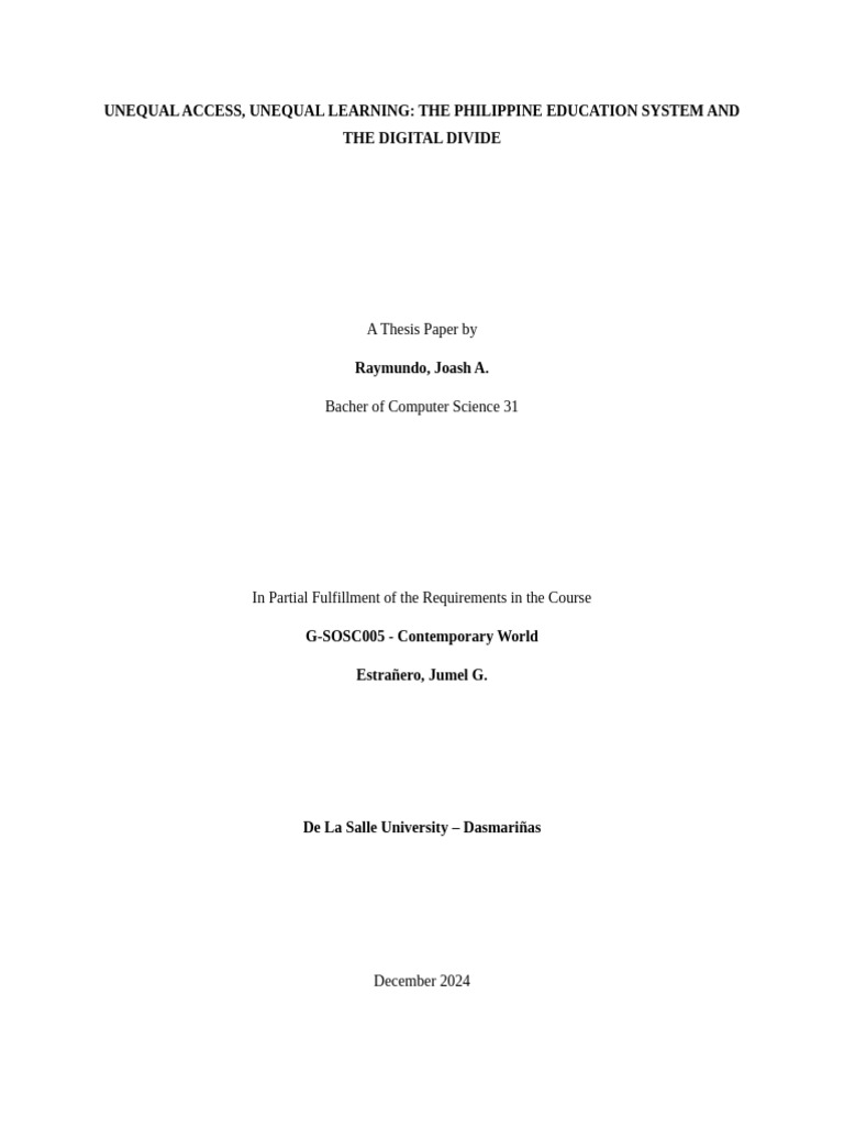 Unequal Access Unequal Learning The Philippine Education System and The ...