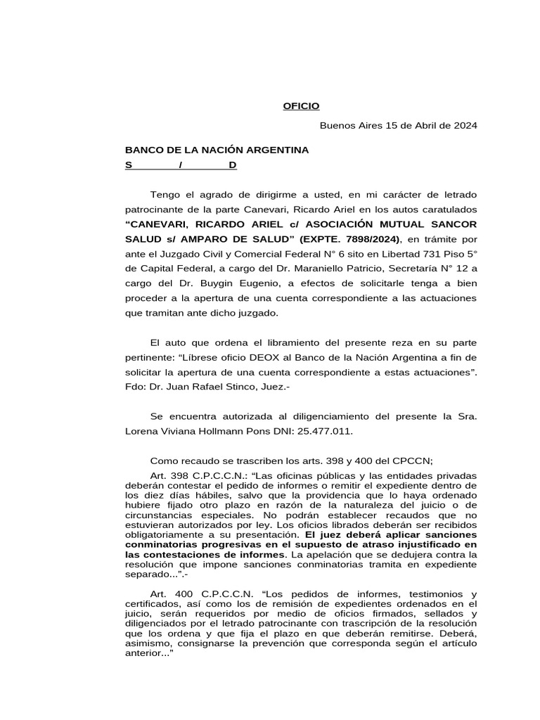 OFICIO DE INFORMES Art. 400 | PDF