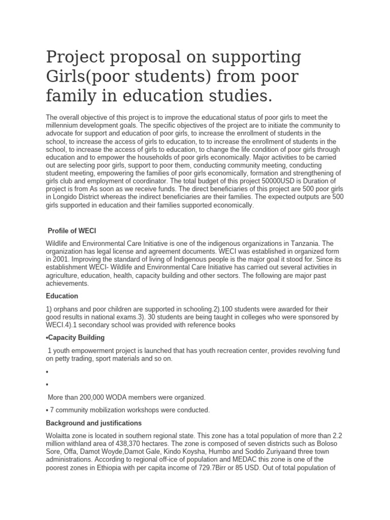 Project Proposal on Supporting Girls Poo | PDF | Poverty | Poverty ...