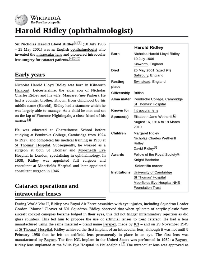 Harold Ridley (Ophthalmologist) | PDF | Ophthalmology | Human Eye
