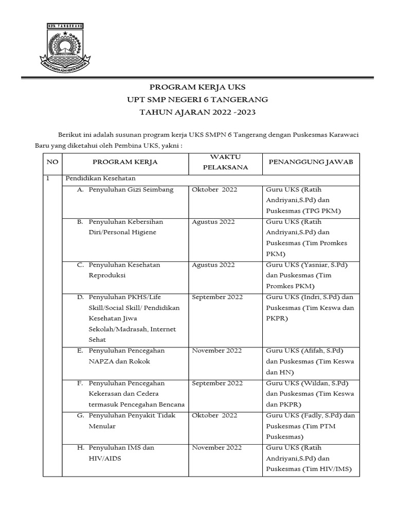 Contoh Rencana Kerja UKS SMPN 6 | PDF