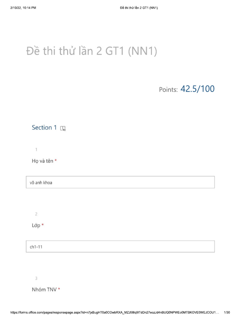 Đề thi thử lần 2 GT1 (NN1) | PDF