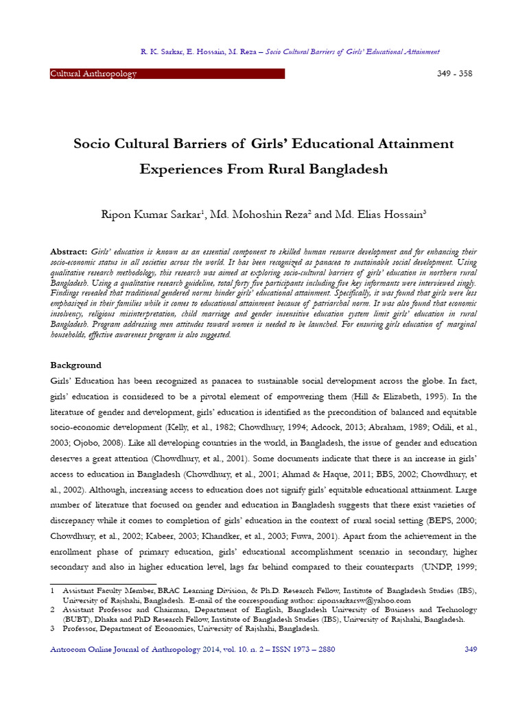 Sarkar Socio Cultural Barriers Girls Bangladesh | PDF | Female ...