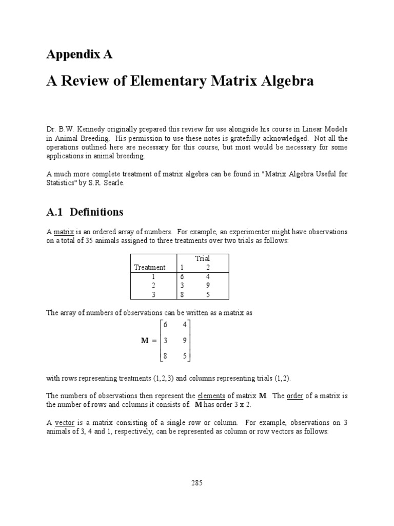 A Review of Elementary Matrix Algebra | PDF | Matrix (Mathematics ...