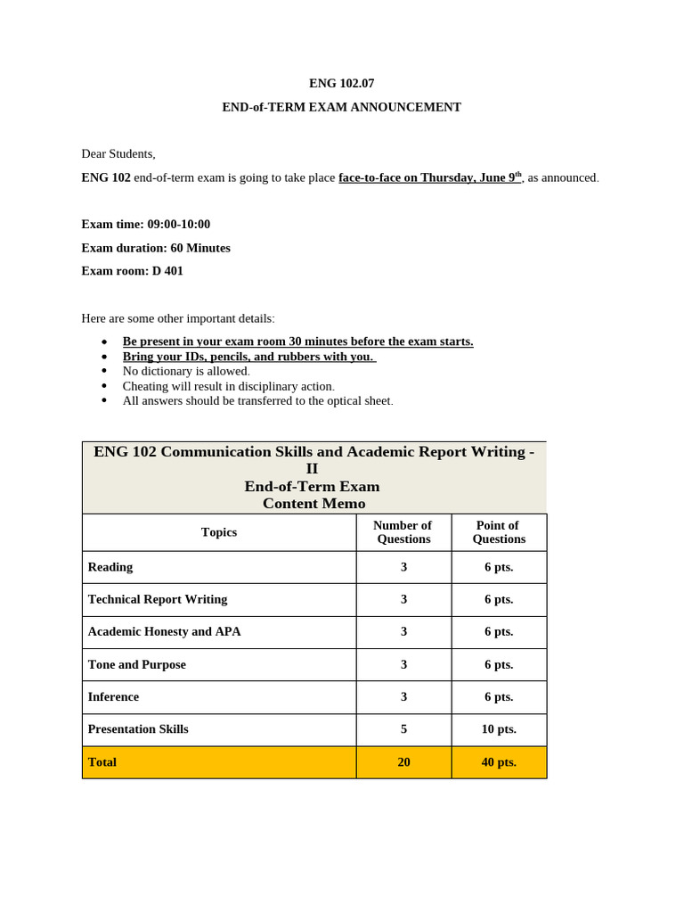 ENG102.07 End-Of-term Exam Announcement | PDF