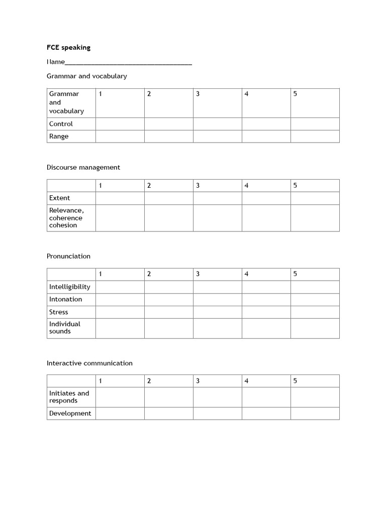 Fce Speaking Assessment Mark Sheet | PDF