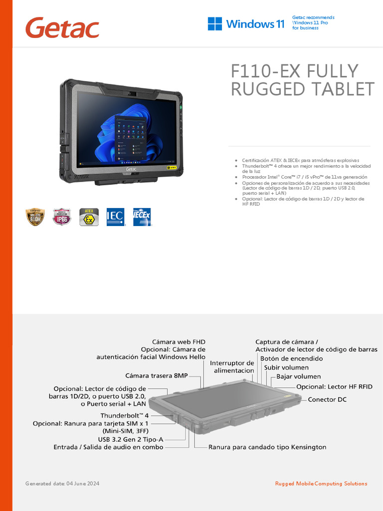 Tablet Getac F110-EX: Soluciones Rugged | PDF | Microprocesador | USB