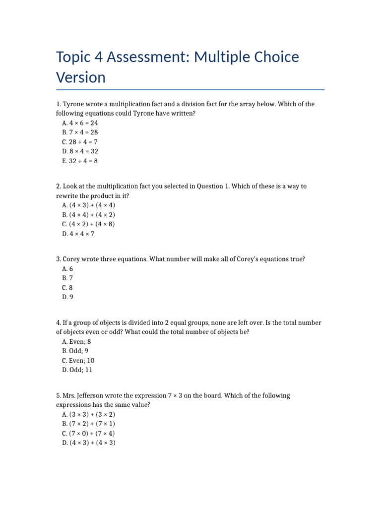 Topic 4 Assessment Multiple Choice | PDF | Mathematics