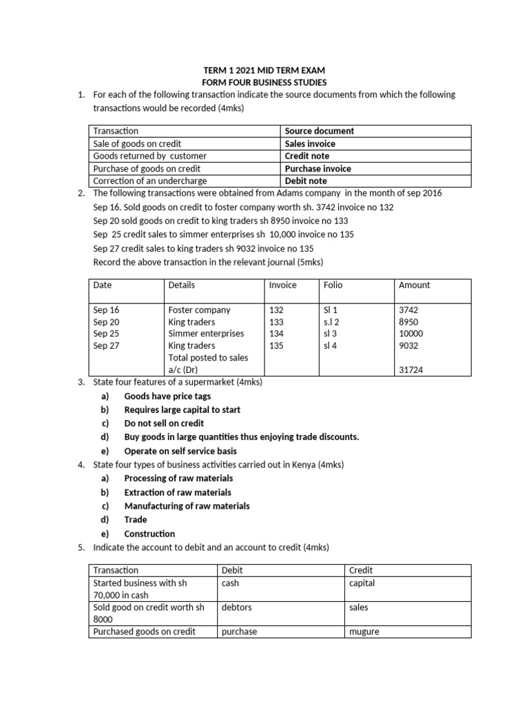 2021 Business Studies Form 4 Mid Term Exams Marking Scheme | PDF ...