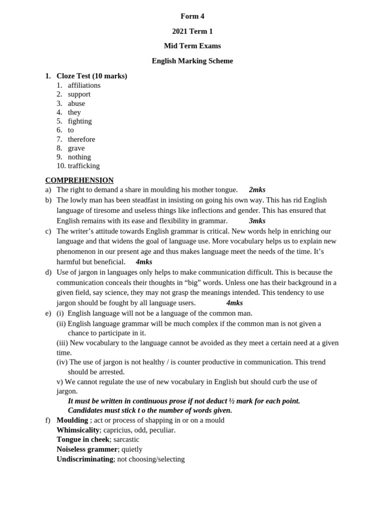 2021 English Form 4 Term 1 Mid Term Exams Marking Scheme | PDF | English Language | Linguistics