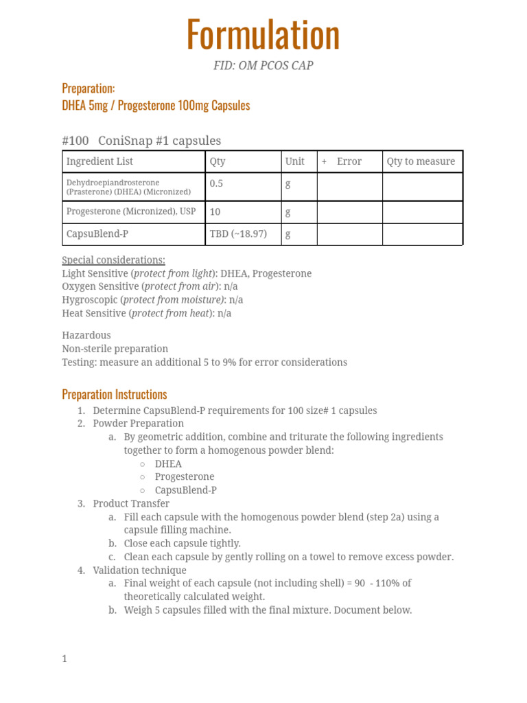 Compounding DHEA/Progesterone Capsules | PDF