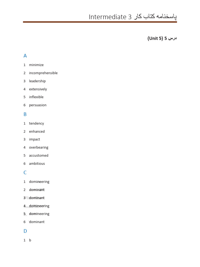 Intermediate 3 Workbook Answer Key Unit5 | PDF