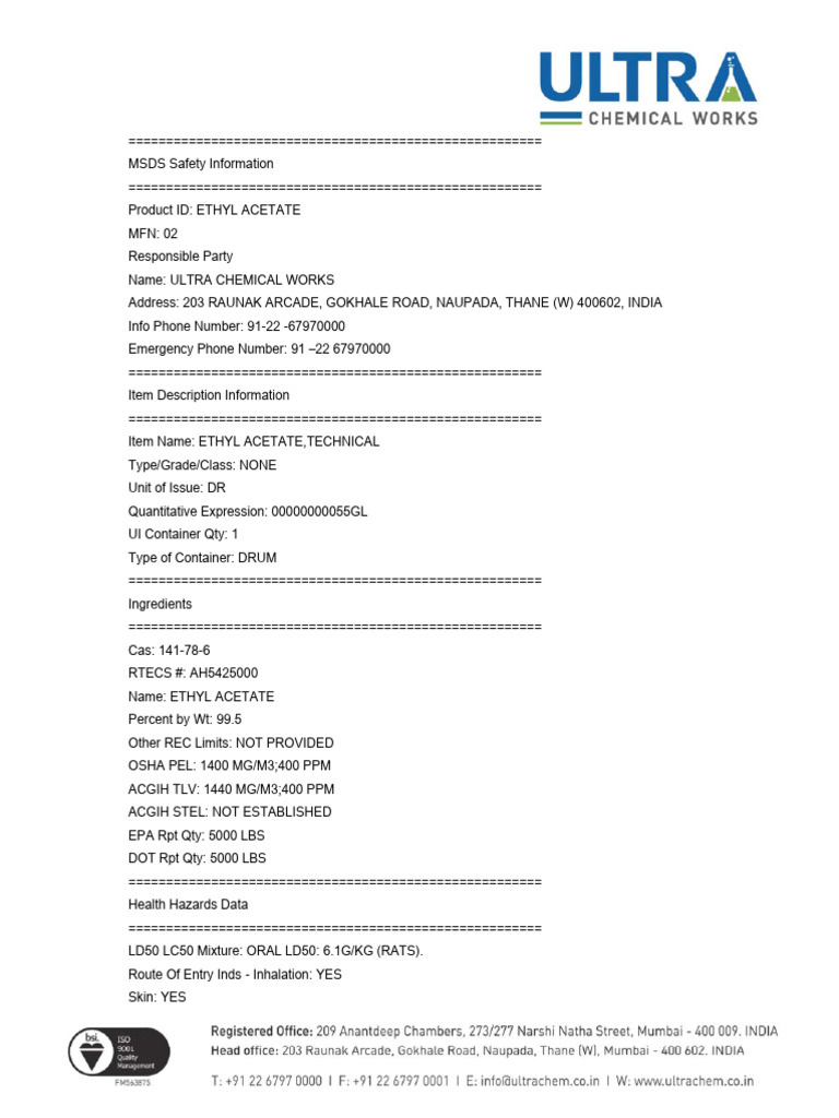 Ethyl Acetate - Msds New | PDF | Personal Protective Equipment | Water