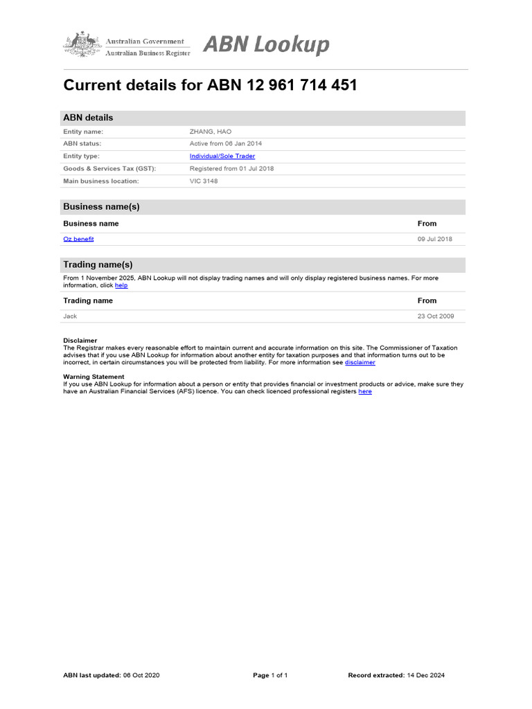 Sole Trader ABN Details | PDF