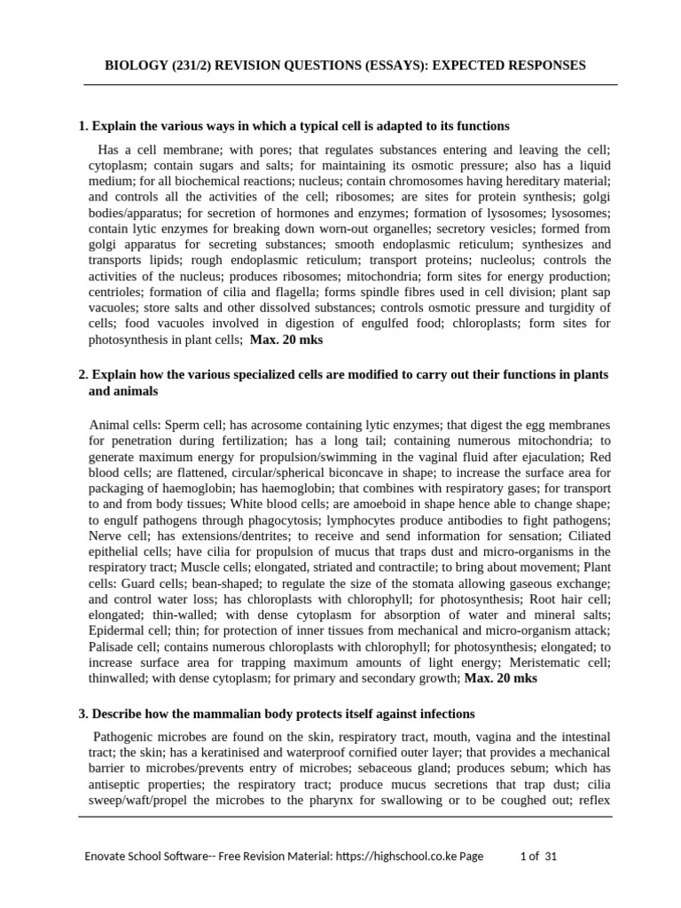 Biology Revision: Cell Functions & Adaptations | PDF | Digestion | Heart