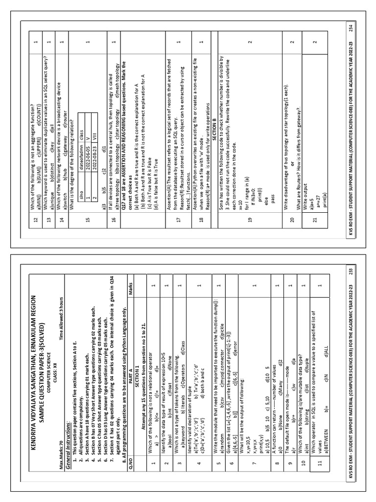 12 CS Ernakulam-Sample Question Papers-22-23-3-Qp | PDF | Databases | Comma Separated Values
