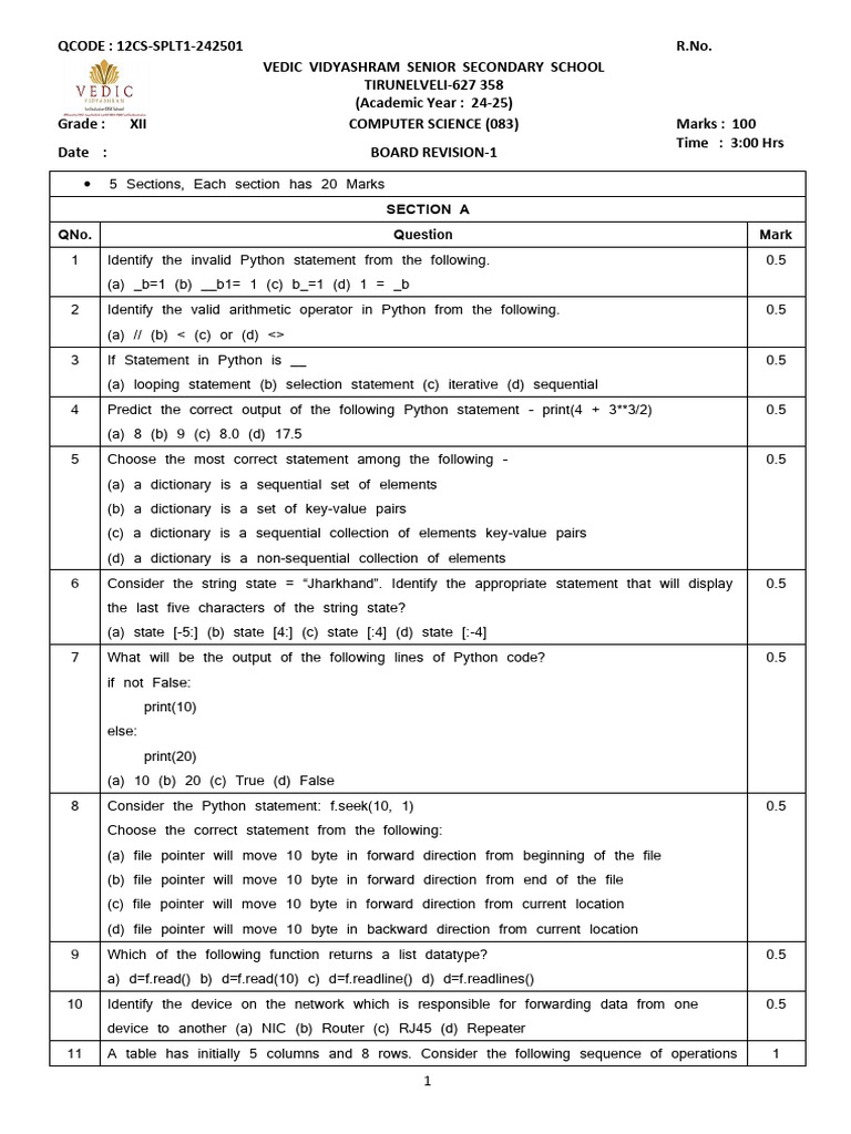 12cs Revision Sunday Test 1 Qp Pdf Table Database Parameter Computer Programming