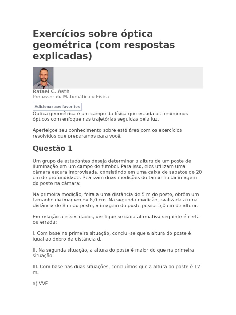 Exercícios Sobre Óptica Geométrica (Com Respostas Explicadas) | PDF | Espelho | Reflexão (Física)