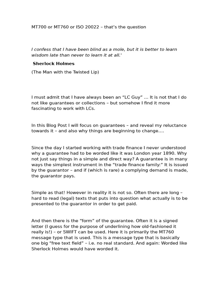 MT700 or MT760 or ISO 20022 | PDF | Letter Of Credit | Loans