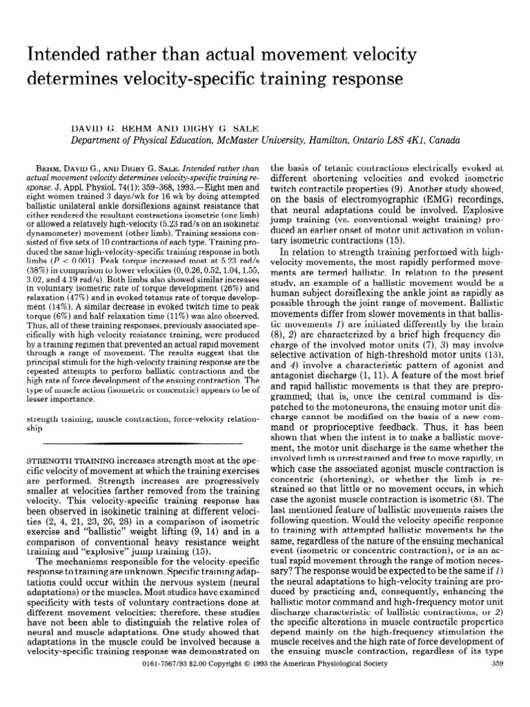 Behm (1993) Intended Rather Than Actual Movement Velocity Determines Velocity-Specific Training ...