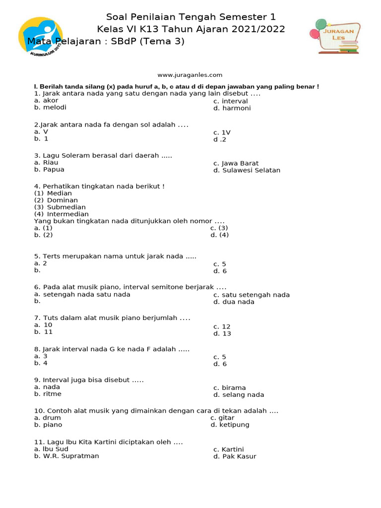 Soal SBdP Kelas 6 Semester 1 (Tema3) 2021 | PDF