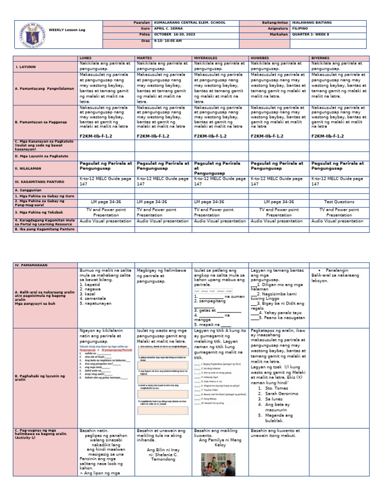 DLL Filipino - Q1 - Week 8 | PDF