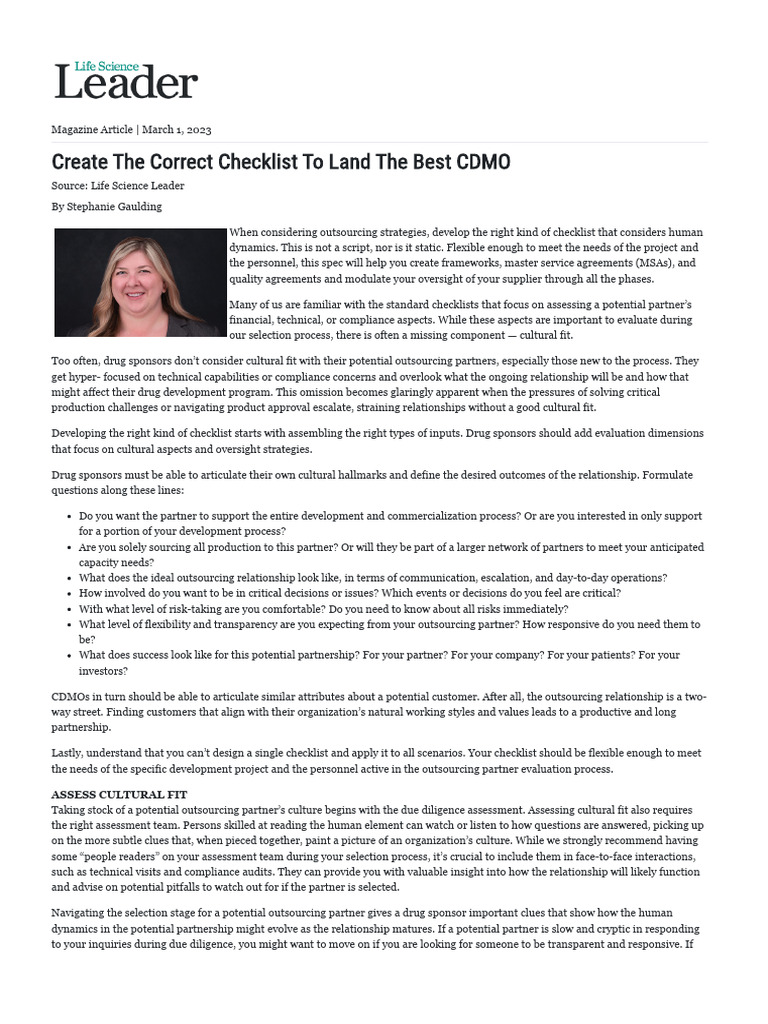 Create The Correct Checklist To Land The Best CDMO | PDF | Outsourcing | Communication