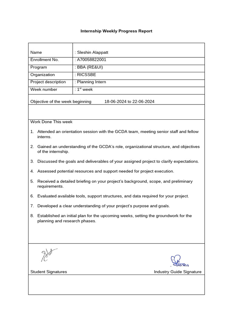 Internship Weekly Progress Report - Week 1 | PDF