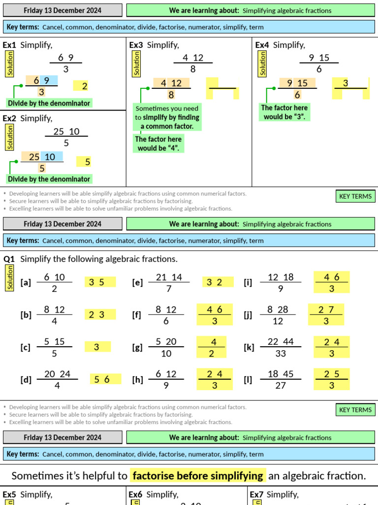 7.1f Simplifying Algebraic Fractions | PDF | Factorization | Lexicology