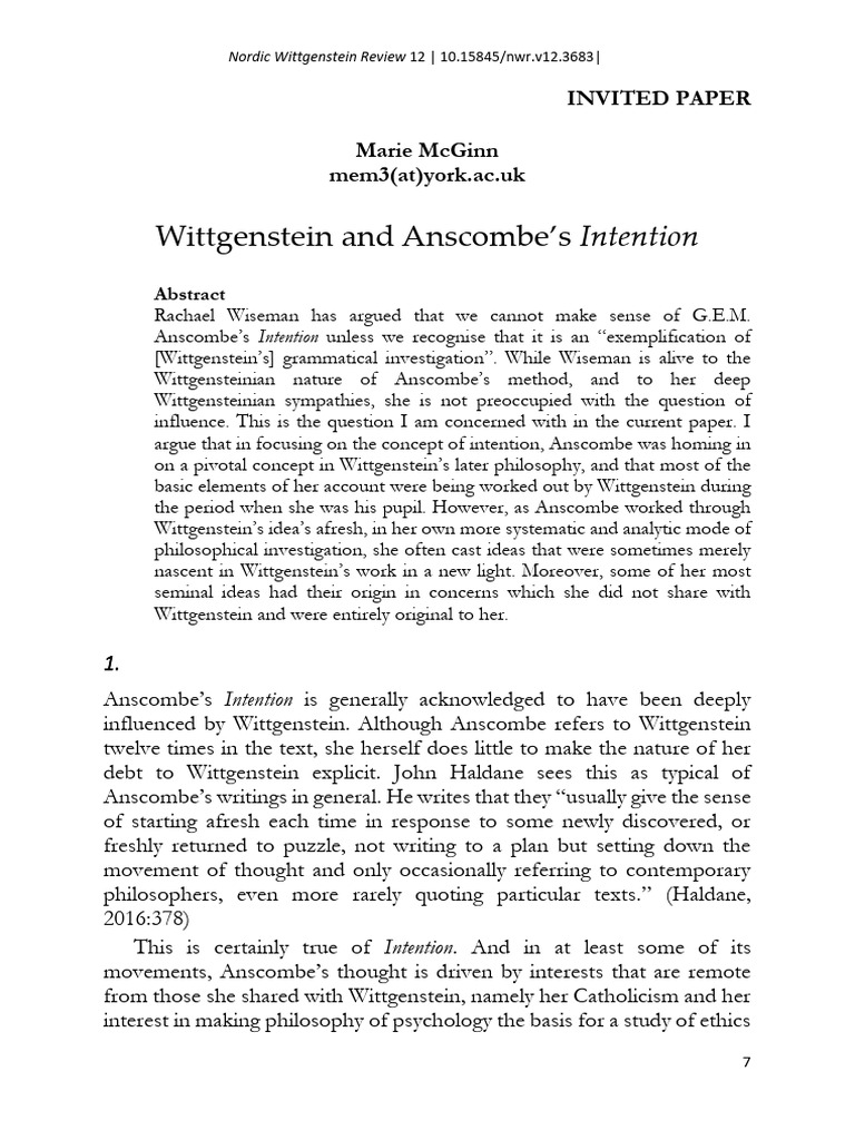 Anscombe's Intention and Wittgenstein's Influence | PDF | Intention ...