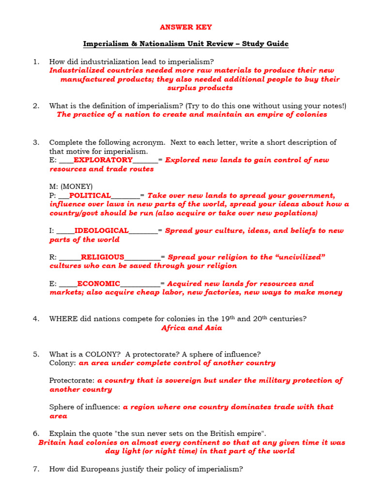Imperialism Nationalism Study Guide 2016 - Answers | PDF | Imperialism ...