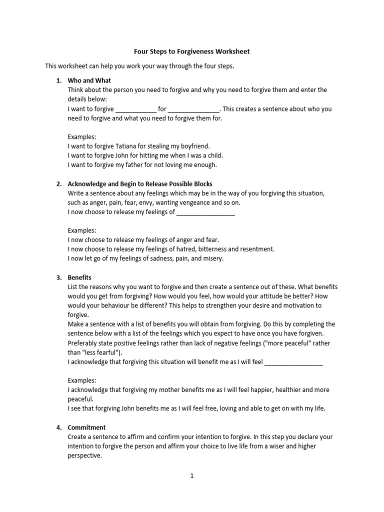 Four Steps to Forgiveness Worksheet | PDF | Forgiveness | Psychological ...