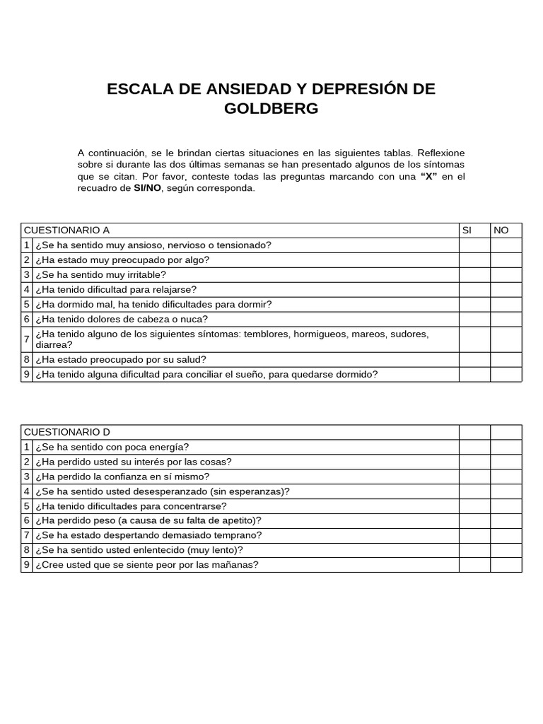 Escala de Ansiedad y Depresión de Goldberg | PDF
