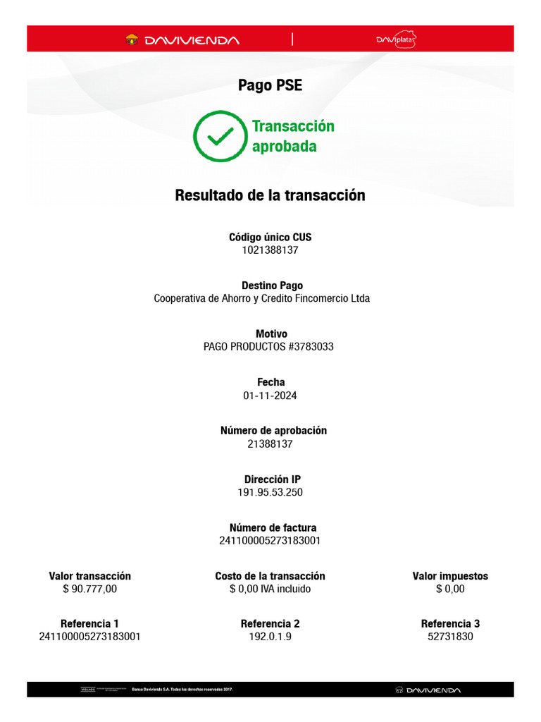Pago PSE a Fincomercio Aprobado | PDF