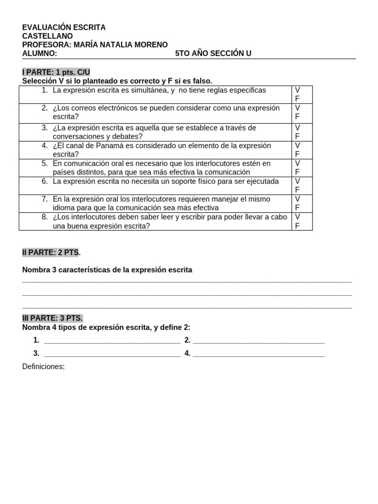 Evaluación de Expresión Escrita | PDF