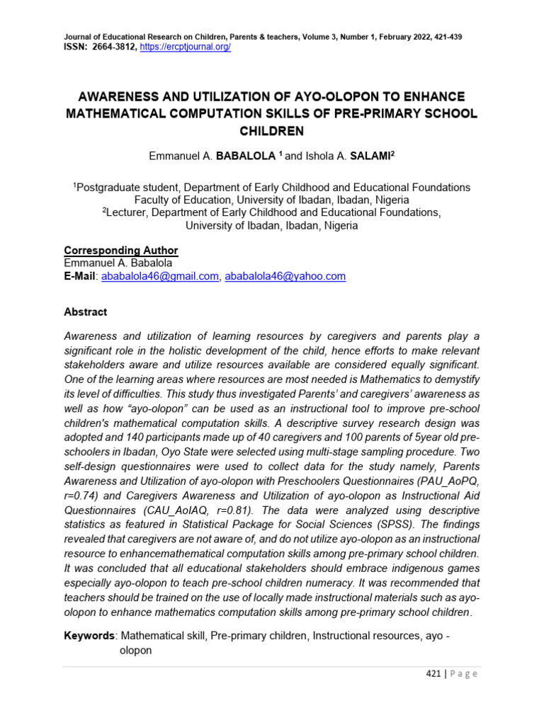 Awareness and Utilization of Ayo Olopon | PDF | Constructivism ...