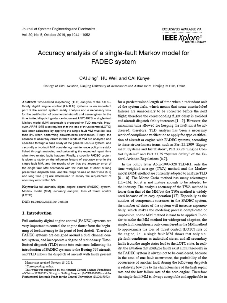 Accuracy Analysis of A Single-Fault Markov Model For FADEC System | PDF | Systems Engineering
