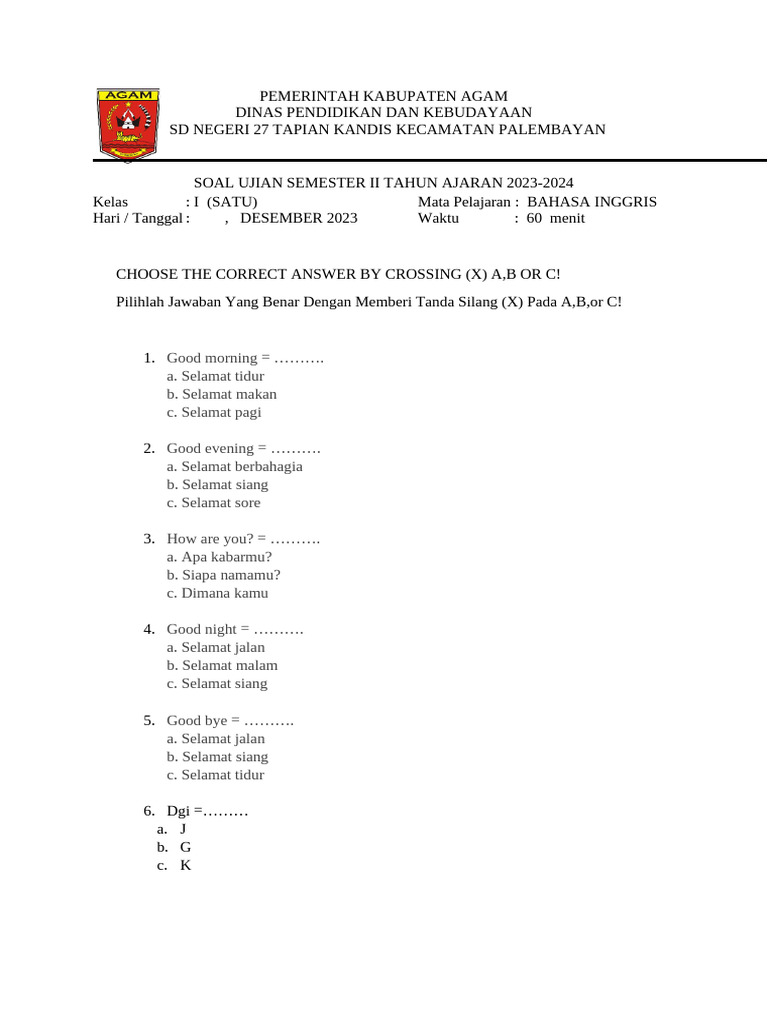 Soal Ujian Semester Bahasa Inggris Kelas 1 (Ganjil) | PDF