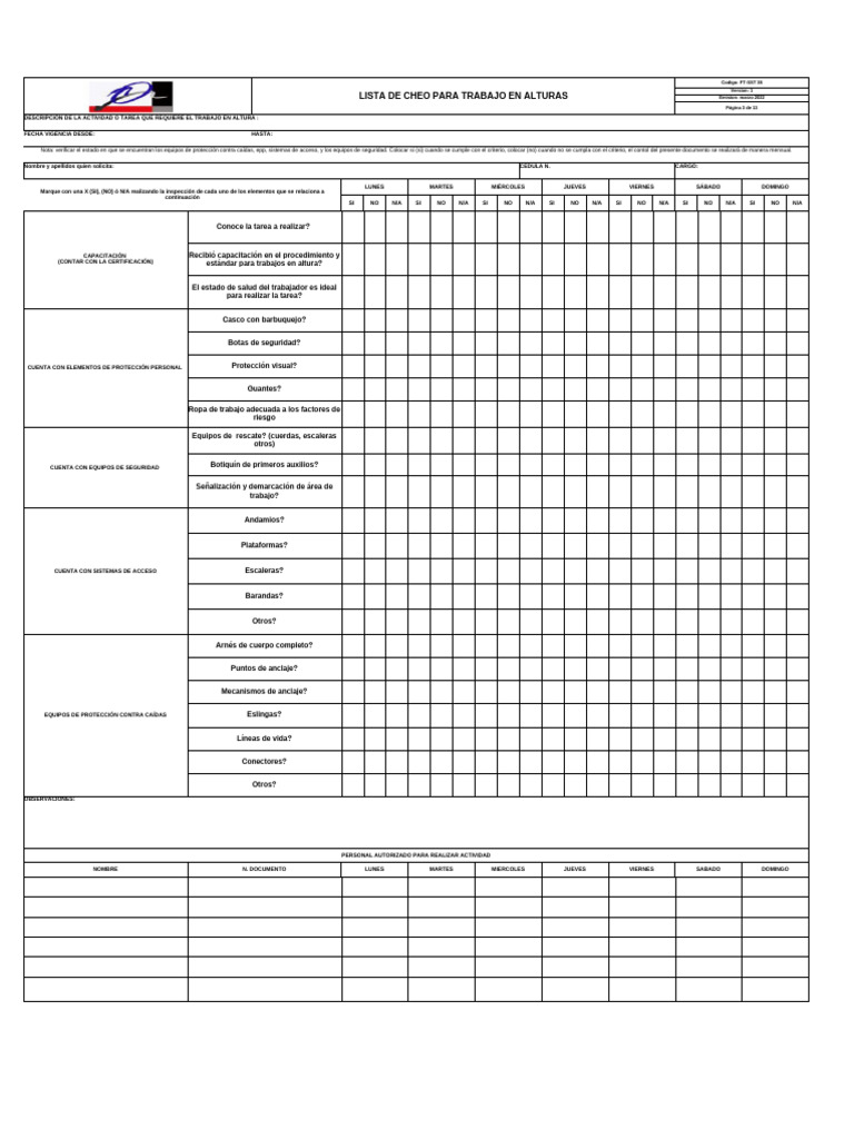 FT-SST 38 Lista de Cheo para Trabajo en Alturas | PDF
