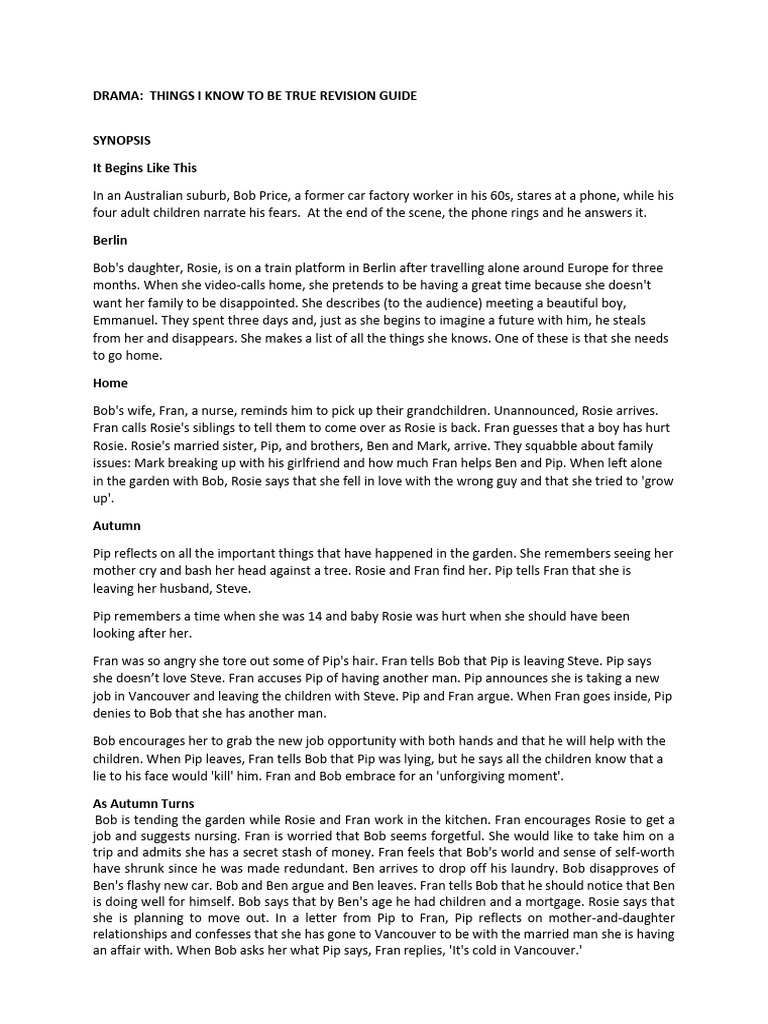 Things I Know to Be True Study Guide | PDF